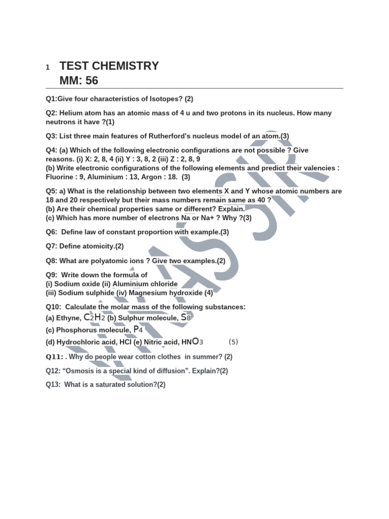 Chemistry Test Questions and Answers | PDF