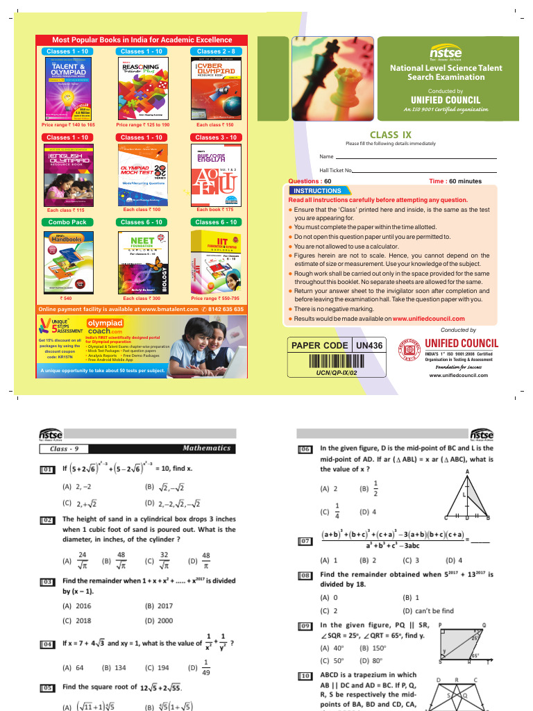 Class - 9 - NSTSE - MQP - 436 (M) & 439 (M) | PDF | Angle | Elementary Mathematics
