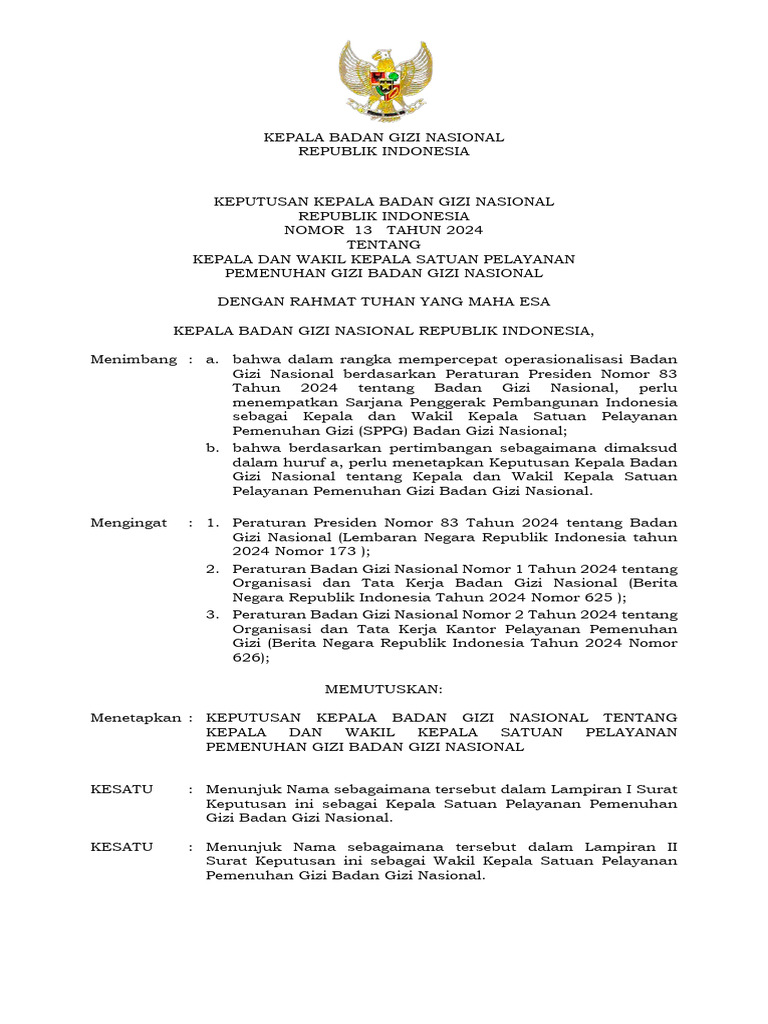 Keputusan Kepala SPPG Badan Gizi Nasional | PDF