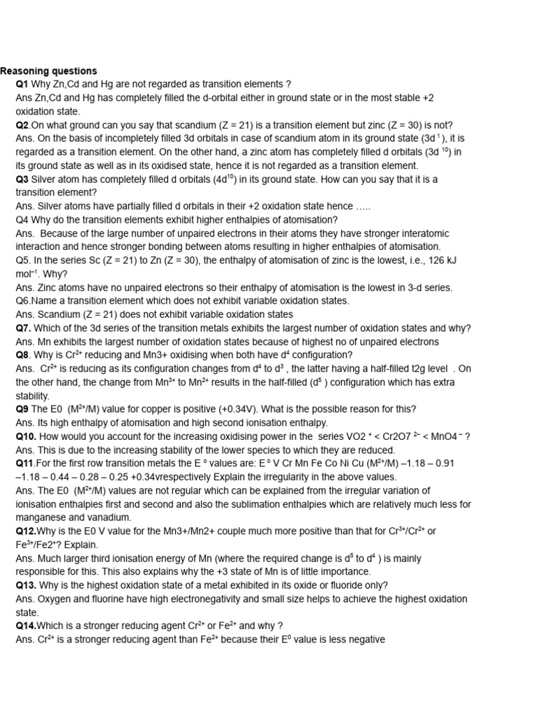D Block Elements Pdf Transition Metals Atomic
