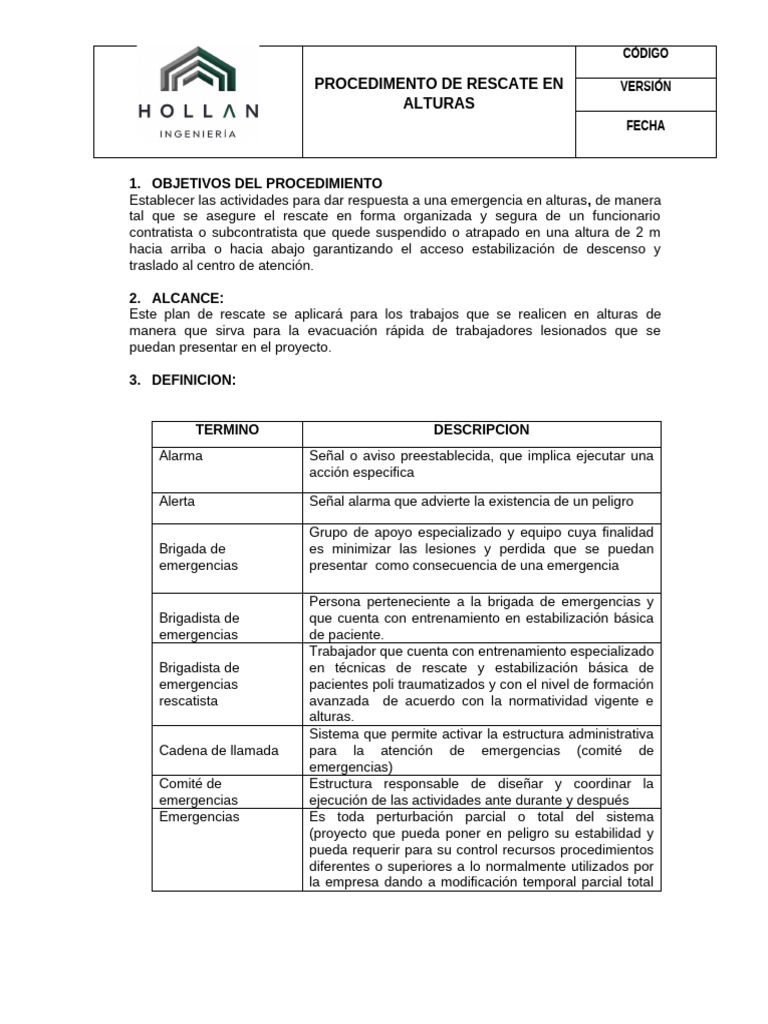 P044 Procedimiento de Rescate en Alturas | PDF