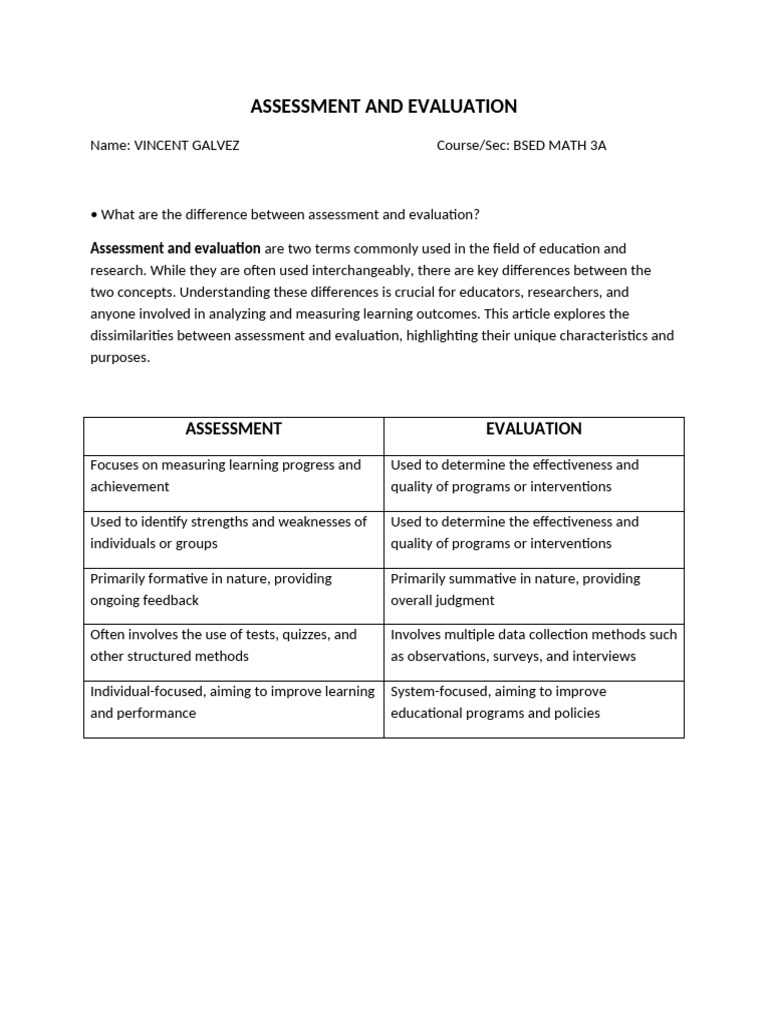 Assessment vs Evaluation Explained | PDF