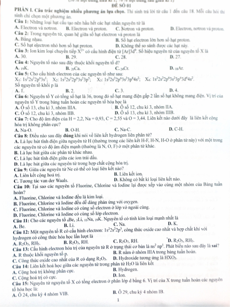 Đề 1 ôn tập hoá cuối kì 1 | PDF