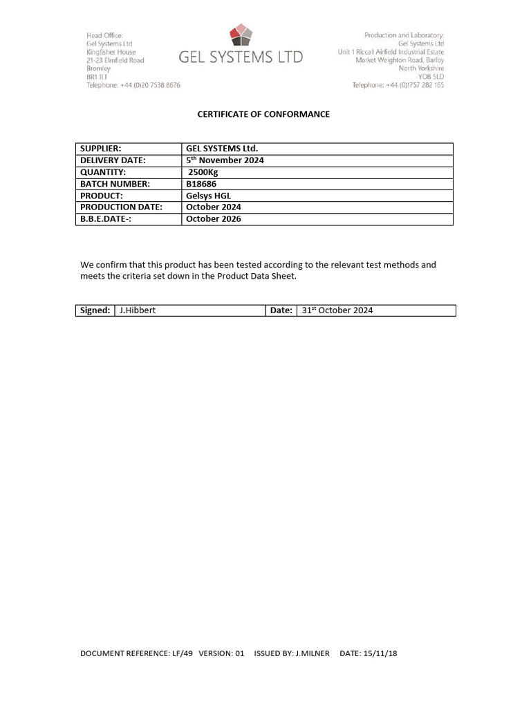 GSL - Signed COC Gelsys HGL B18686 P041 | PDF