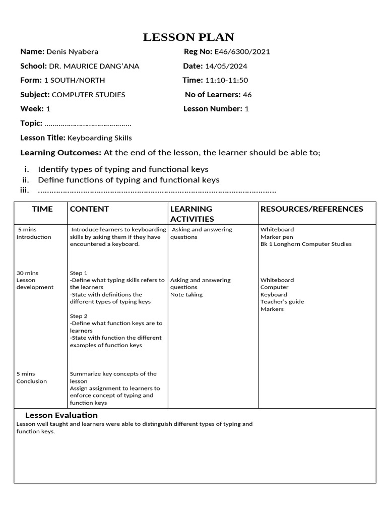 LESSSON PLAN - Keyboarding Skills | PDF