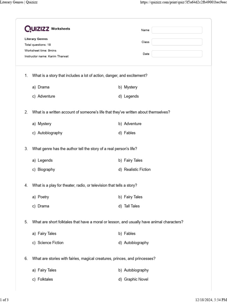 Literary Genres Worksheet Quiz | PDF | Legends | Fairy Tales