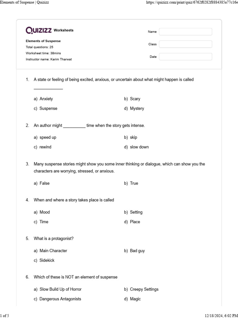 Suspense Elements Quiz for Students | PDF | Thriller (Genre) | Feeling