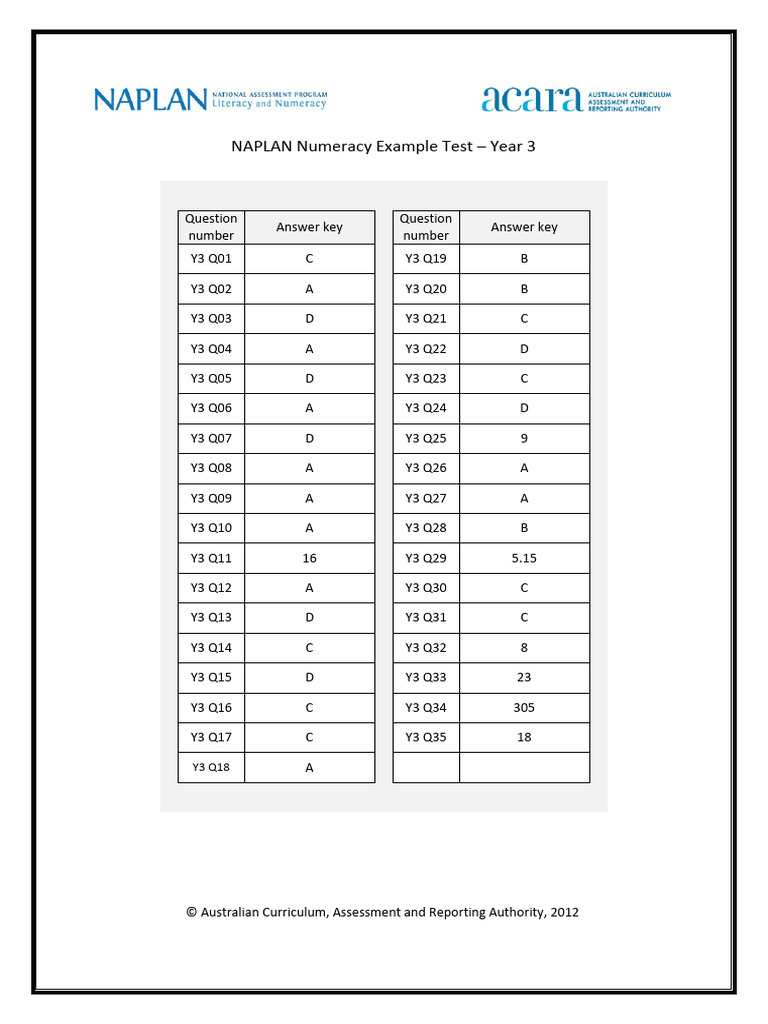 Example Test Answer Numeracy Y3 | PDF