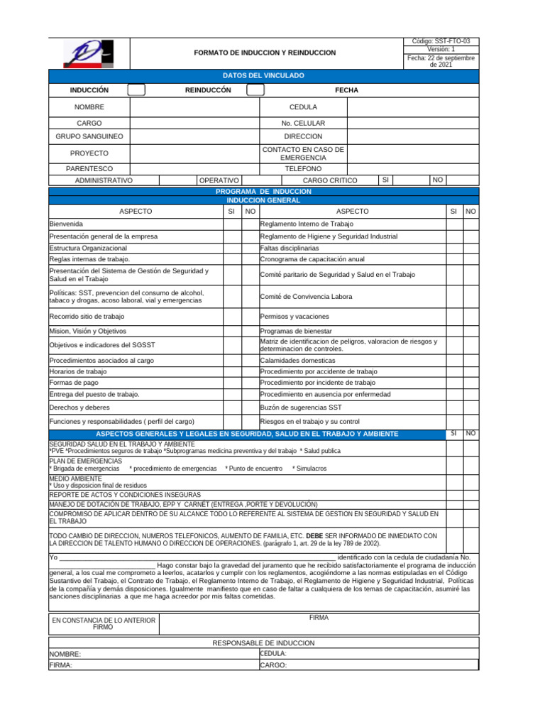 Formato Induccion y Reinduccion | PDF