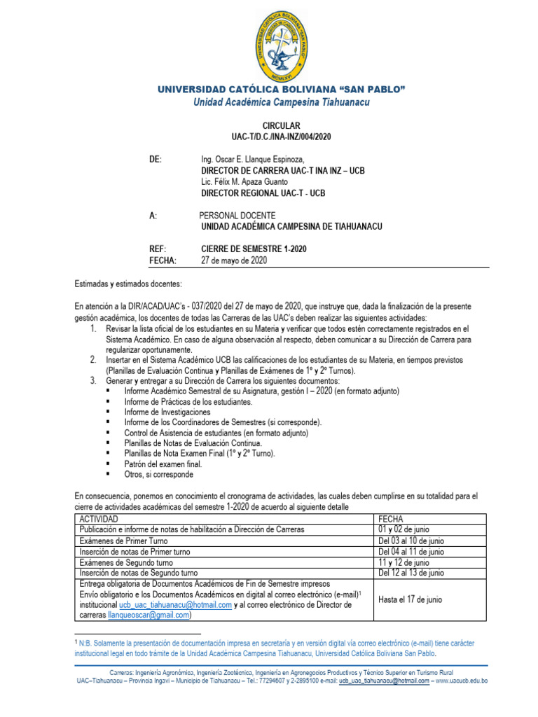 Uac-T DC Circular 004 2020 Cierre Del Semestre 1-2020 | PDF