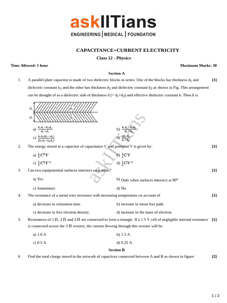 Capacitance+Current Electricity - Question | PDF | Electrical Resistance And Conductance | Capacitor