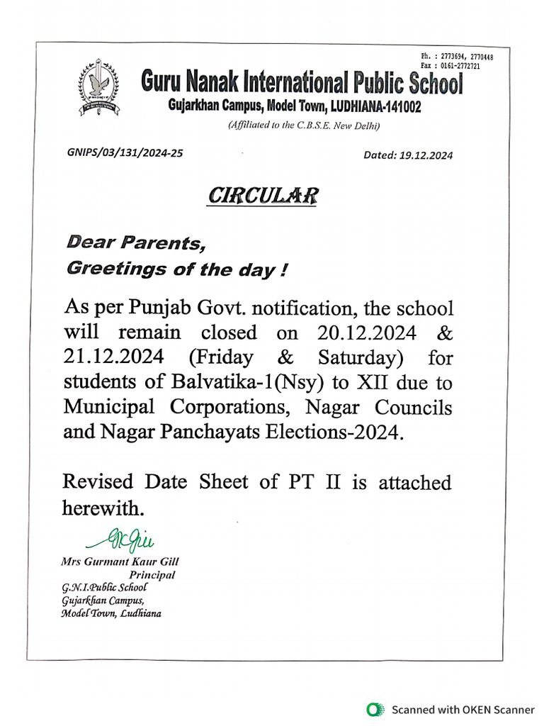 Circular for Municipal Corporation Election & Revised Date Sheet of ... Circular for Municipal Corporation Election & Revised Date Sheet of ...