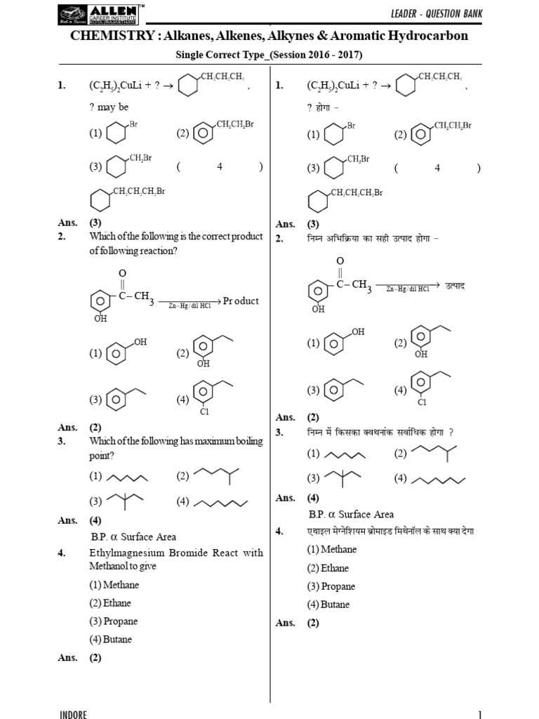 Alkanes, Alkenes, Alkynes and Aromatic Hydrocarbon - (Single Type ...