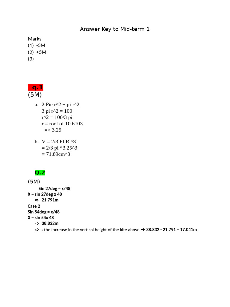 Mid Term 1 Answer Key And Solutions Pdf