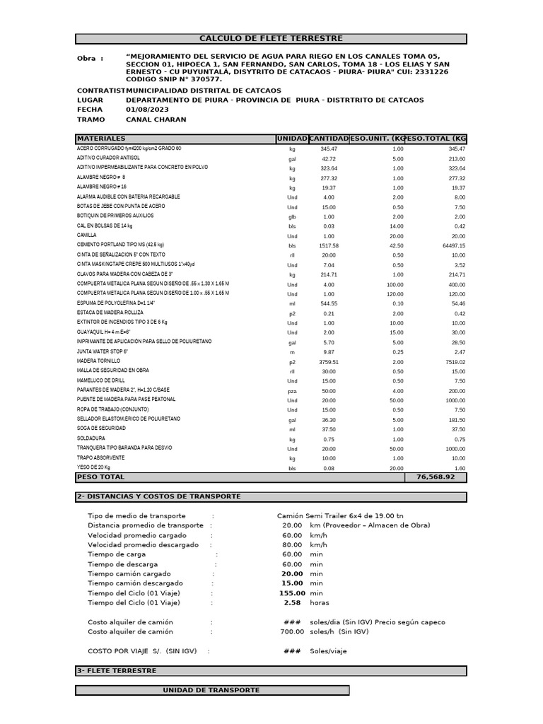 Calculo de Flete Terrestre - Catacaos Ok | PDF | Ingeniería estructural | Materiales