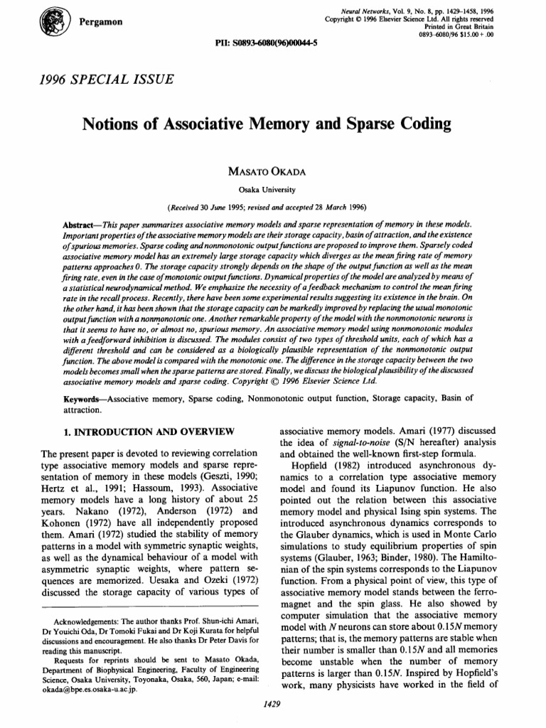 Okada - 1996 - Notions of Associative Memory and Sparse Coding | PDF | Hippocampus | Variance