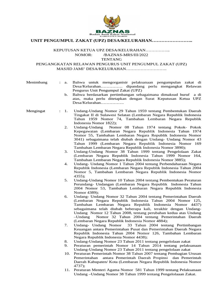 Contoh SK Relawan UPZ | PDF