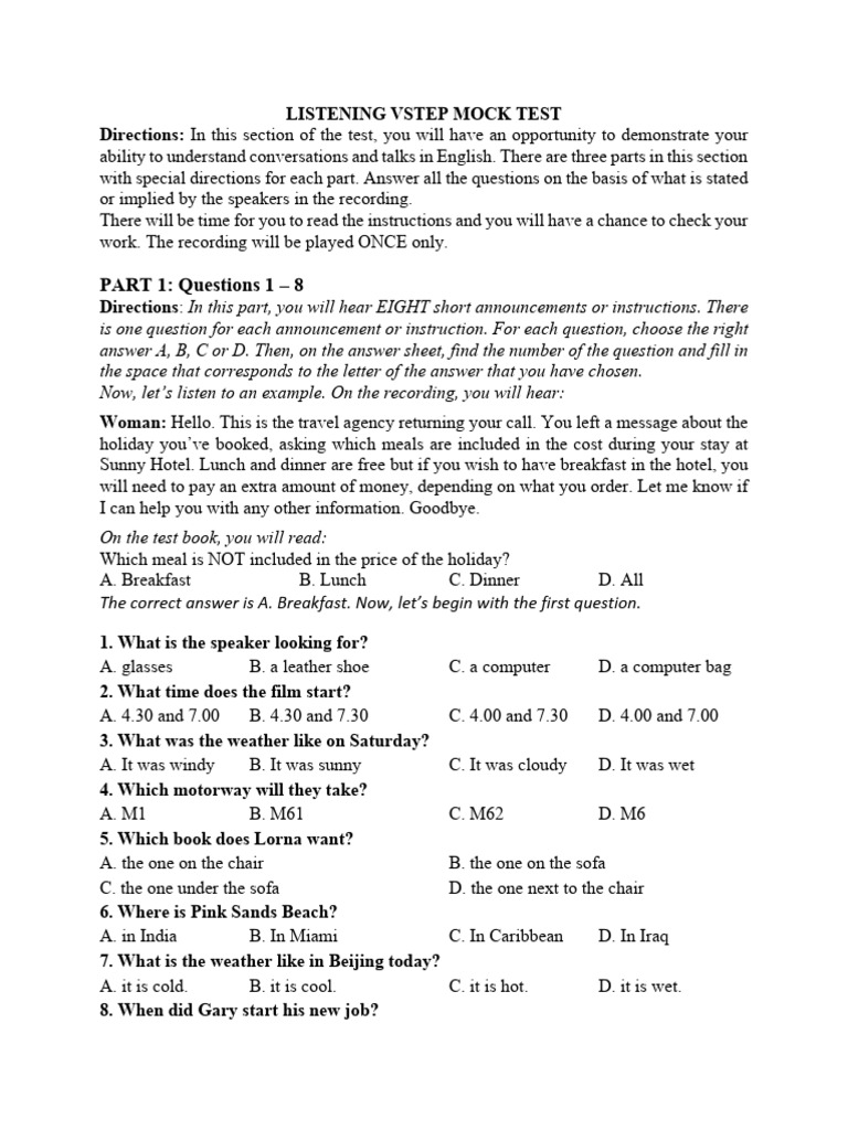 Listening Vstep Mock Test | PDF | Meal