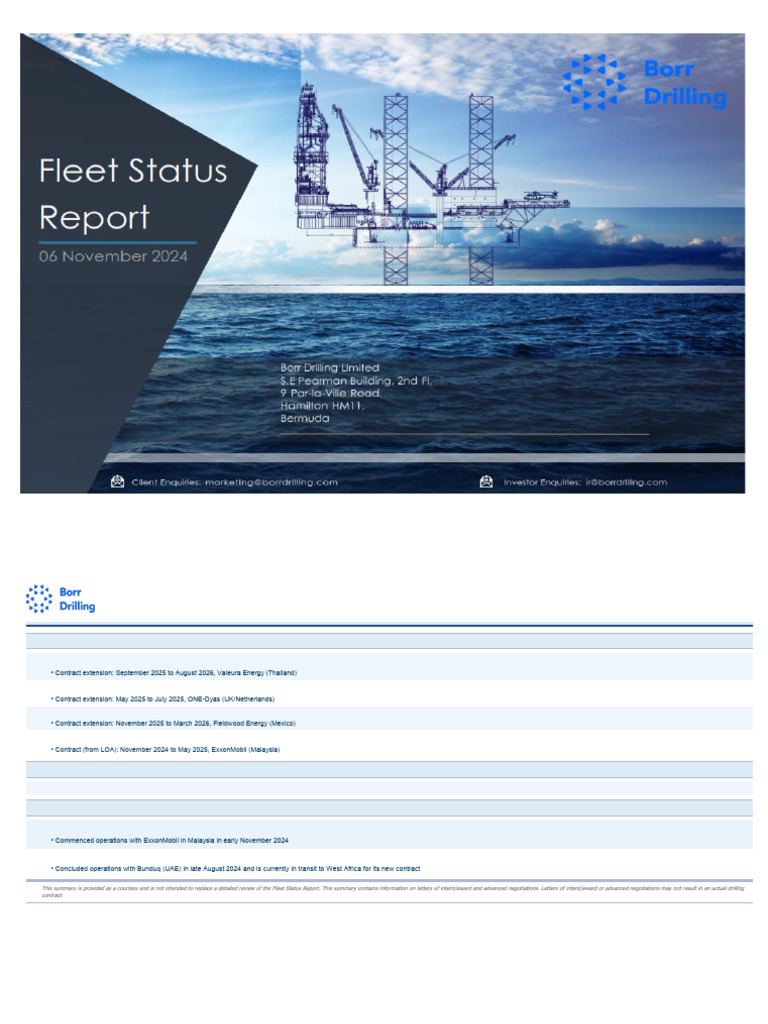 Borr Drilling Fleet Status Report Q3 24 | PDF | Petroleum | Petroleum ...