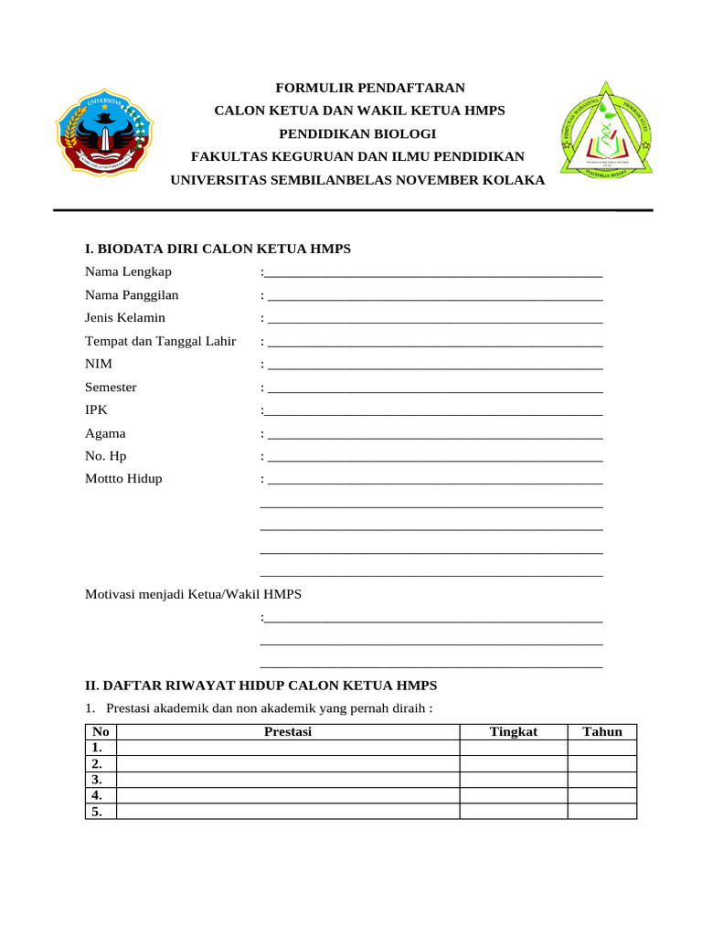 Formulir Pendaftaran Calon Ketua Dan Wakil Ketua HMPS 2022 | PDF