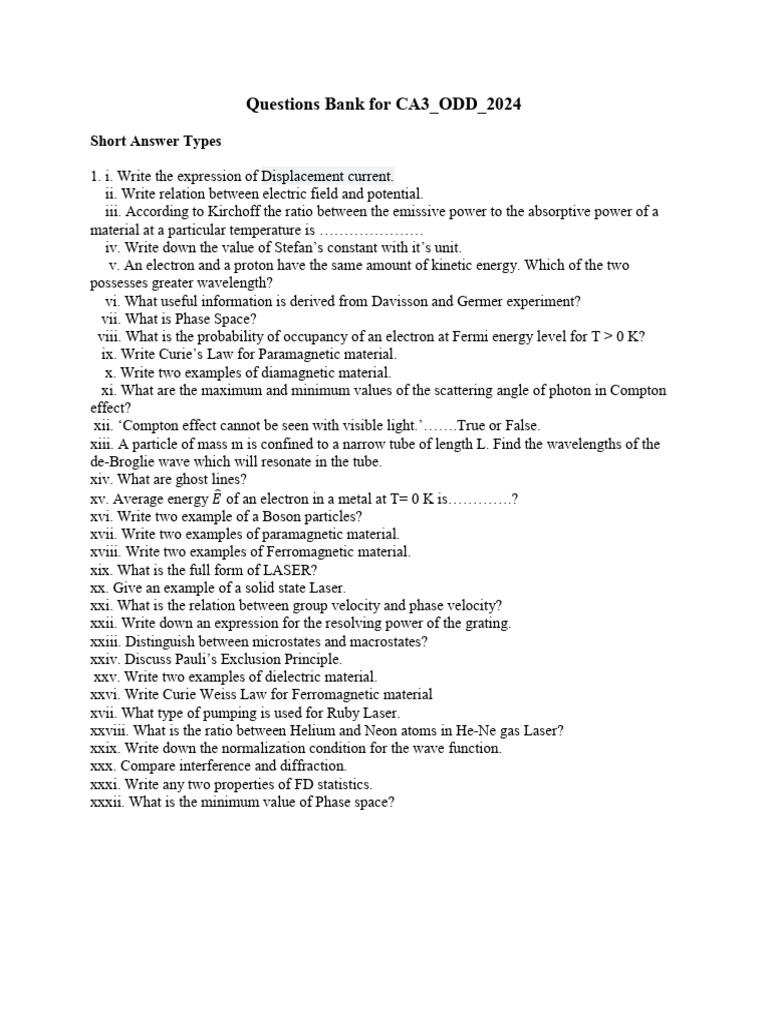 Questions Bank - CA3 - ODD - 2024 - 241209 - 140245 | PDF | Electron | Diffraction