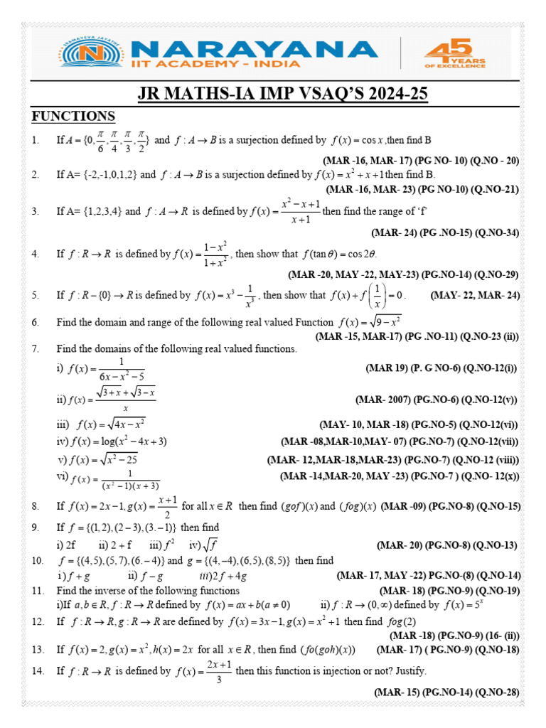 JR Maths-IA Functions & Matrices VSAQs | PDF | Trigonometric Functions ...