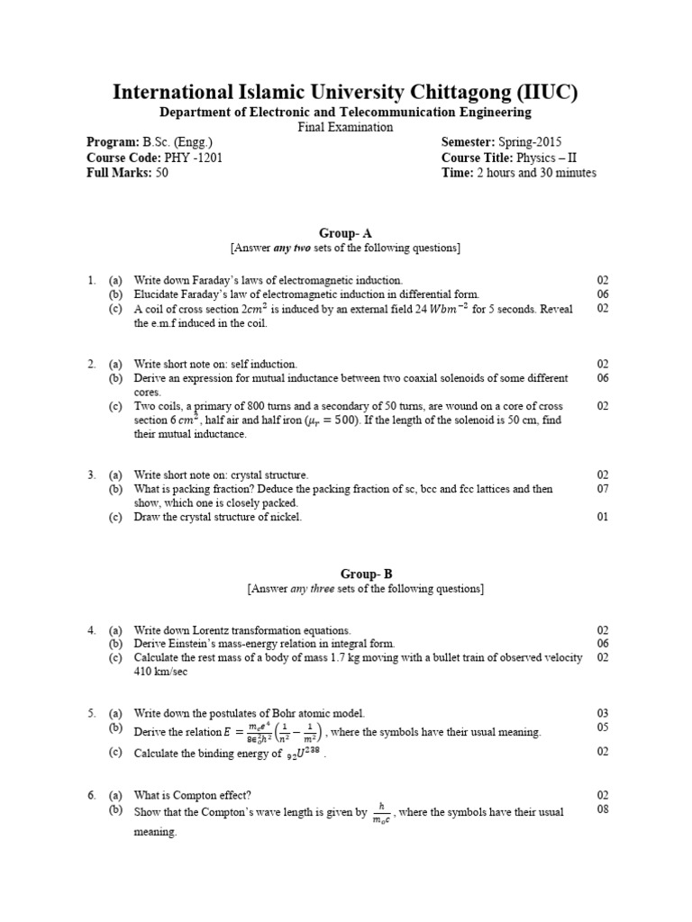 PHY - 1201 - SH - Internal - Sp-15 | PDF | Nuclear Fission | Electromagnetic Induction
