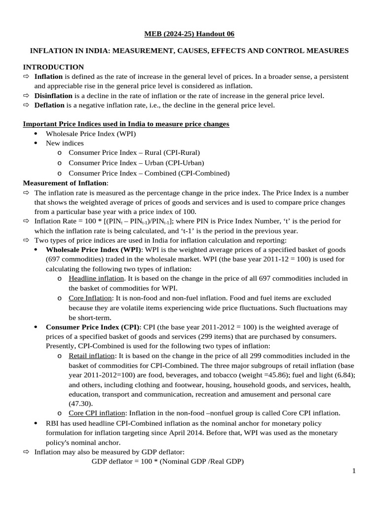 MEB (2024-25) Handout 06 (Inflation) | PDF | Inflation | Consumer Price Index