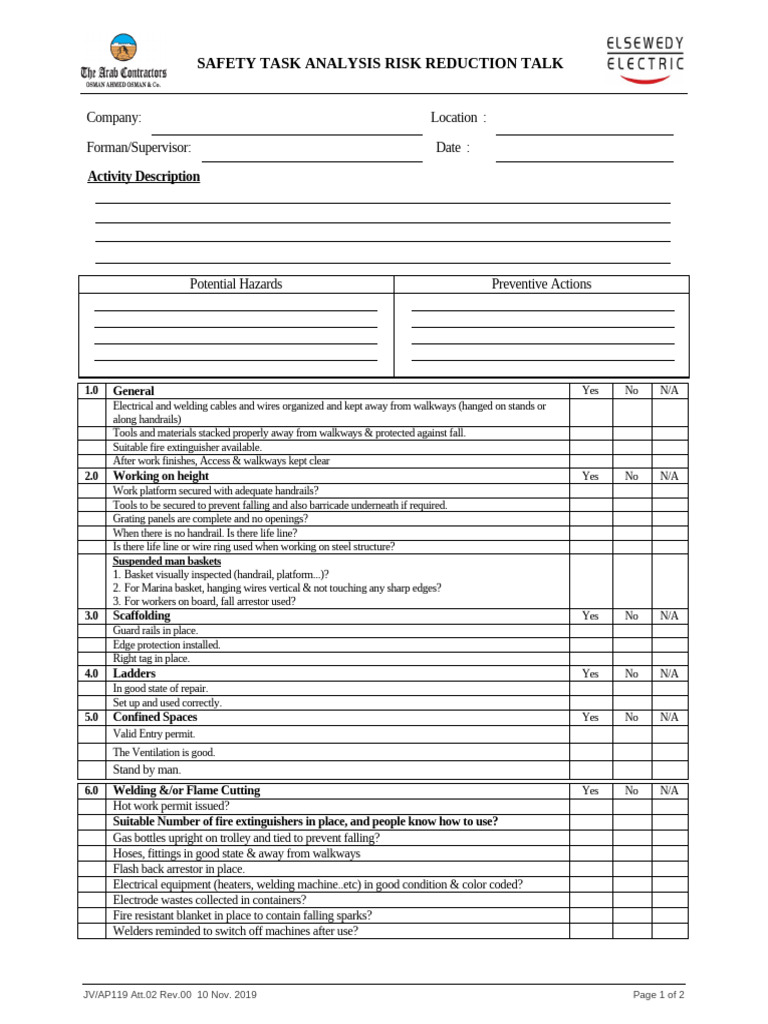 AP119 Att.02 - Safety Task Analysis Risk Reduction Talk | PDF | Welding | Construction