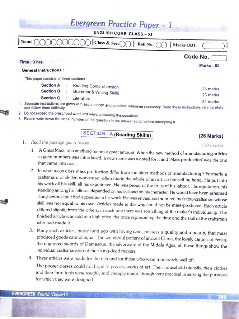 Evergreen English Class 11 Practice Paper | PDF | Atmosphere Of Earth ...