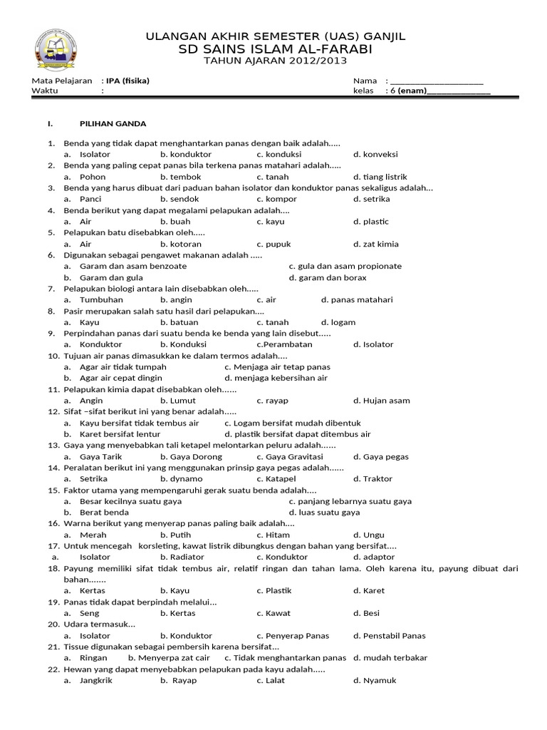 SOAL UAS GANJIL IPA KLS 6'12 | PDF