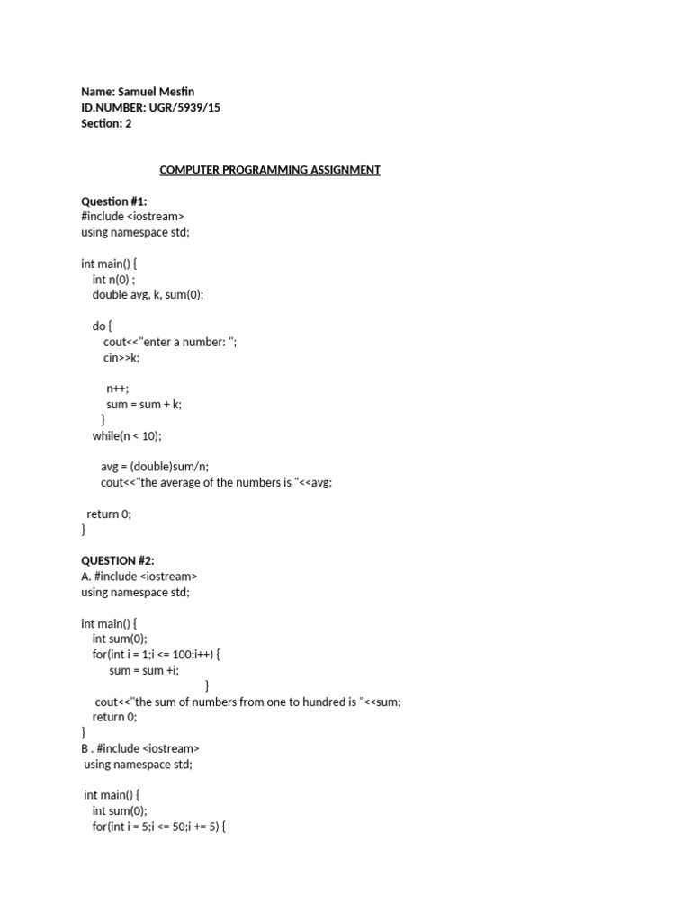 Programming Assignment by Samuel Mesfin | PDF | Namespace | Computer Programming