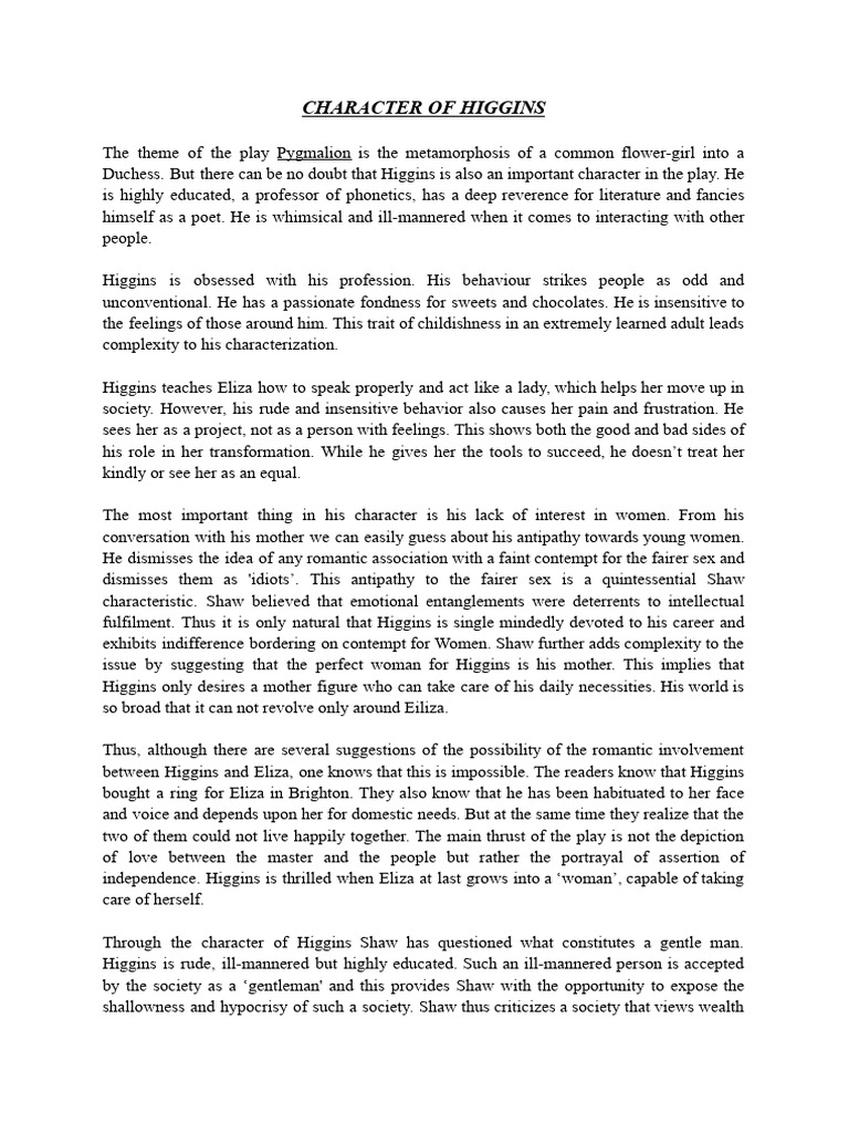 Character of Higgins | PDF | Pygmalion (Play) | Social Psychology