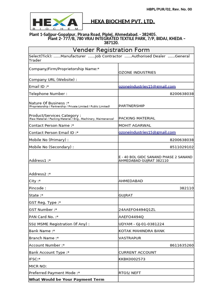 Hbpl-pur-02 Vendor Supplier Registration Form July 2023. | PDF