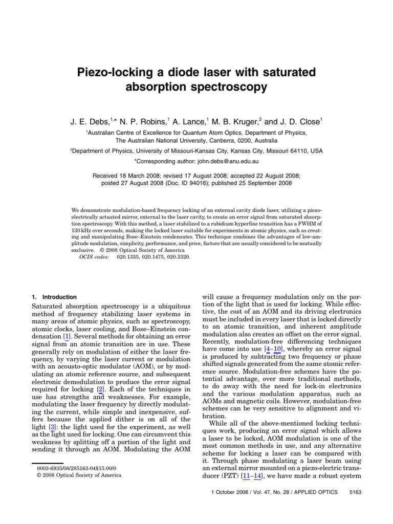 Piezo-Locking Diode Laser Techniques | PDF | Laser | Modulation