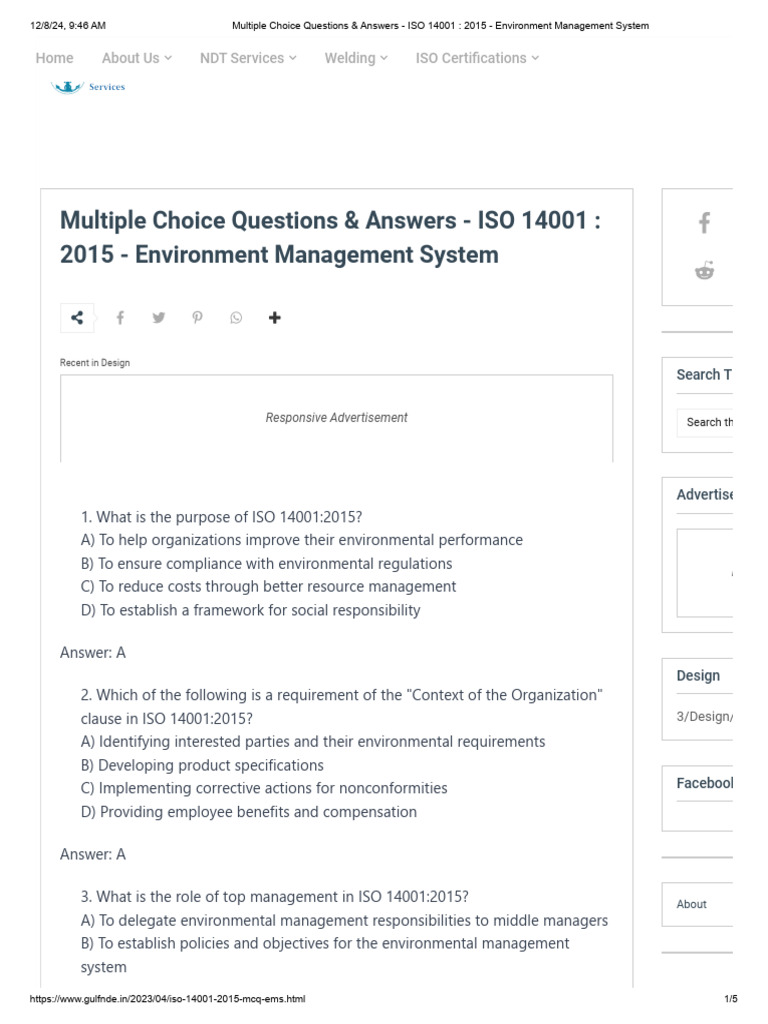Multiple Choice Questions & Answers - IsO 14001 - 2015 - Environment ...
