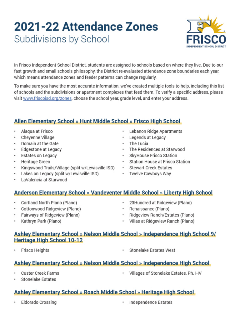 Frisco ISD Attendance Zone Overview | PDF | Dallas–Fort Worth Metroplex