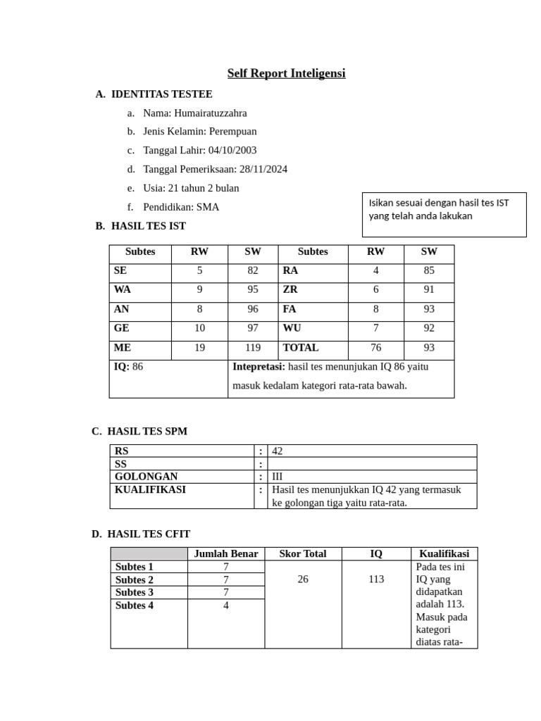 Self Report Hasil Tes Inteligensi | PDF
