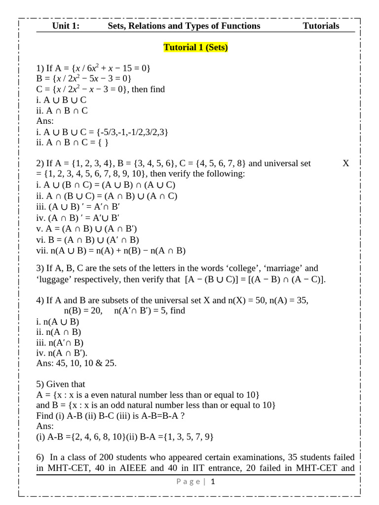 Unit 1 - Sets Relations and Functions - Tutorials | PDF | Function (Mathematics) | Mathematical ...