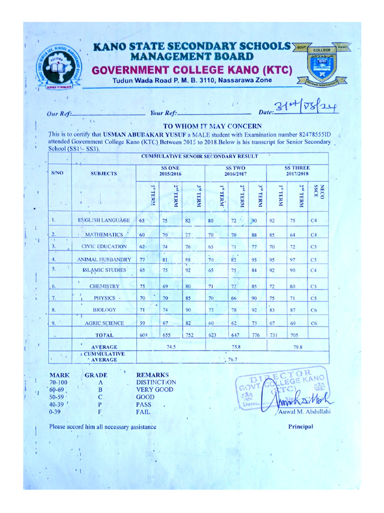 Usman Abubakar Yusuf Transcript | PDF