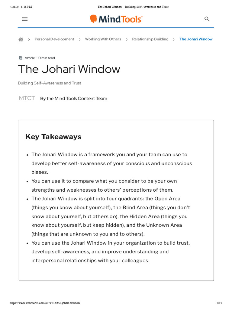 The Johari Window - Building Self-Awareness and Trust | PDF | Self ...