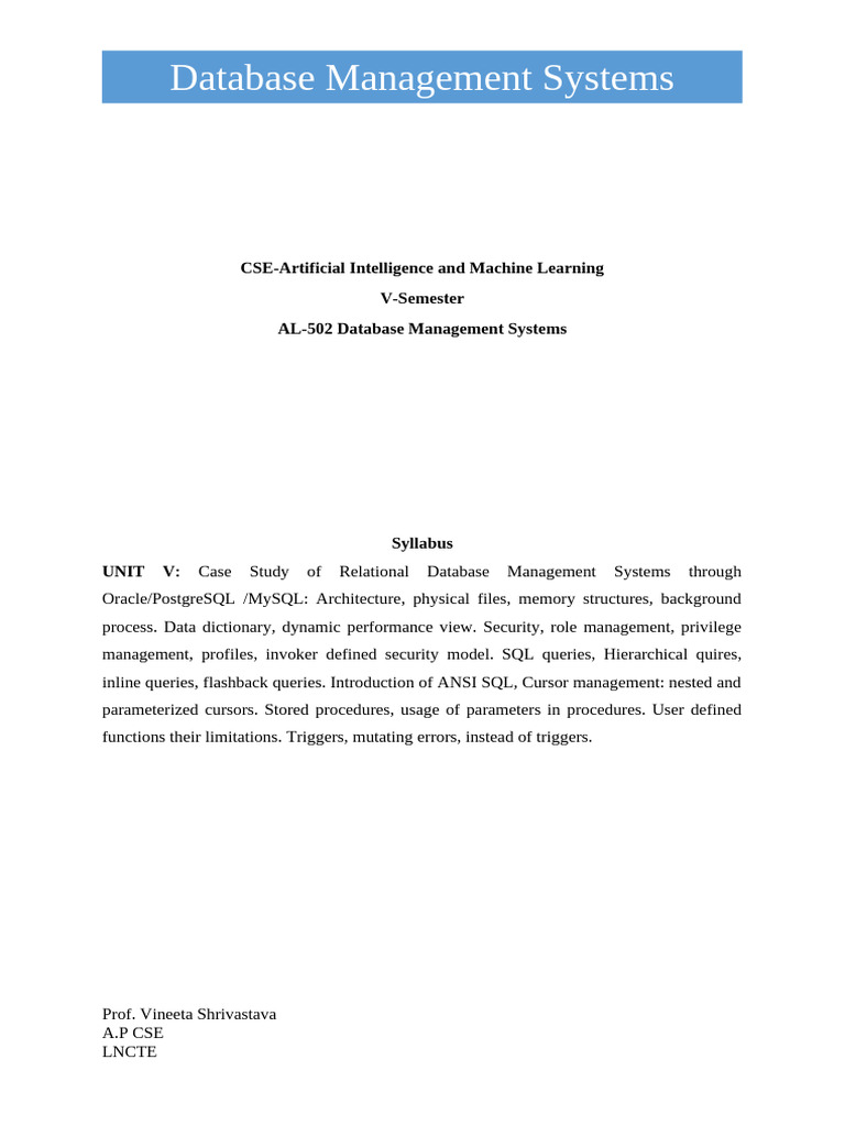 AL-502 DBMS Unit 5 | PDF | Databases | Sql