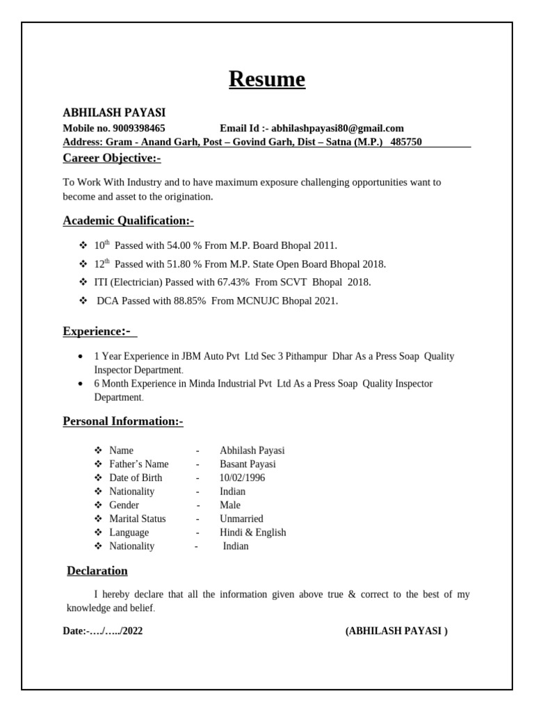 Abhilash Payasi's Professional Resume | PDF