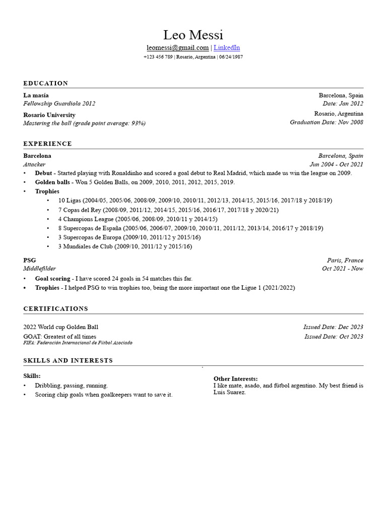 Example CV Leo Messi | PDF | Fc Barcelona | Lionel Messi