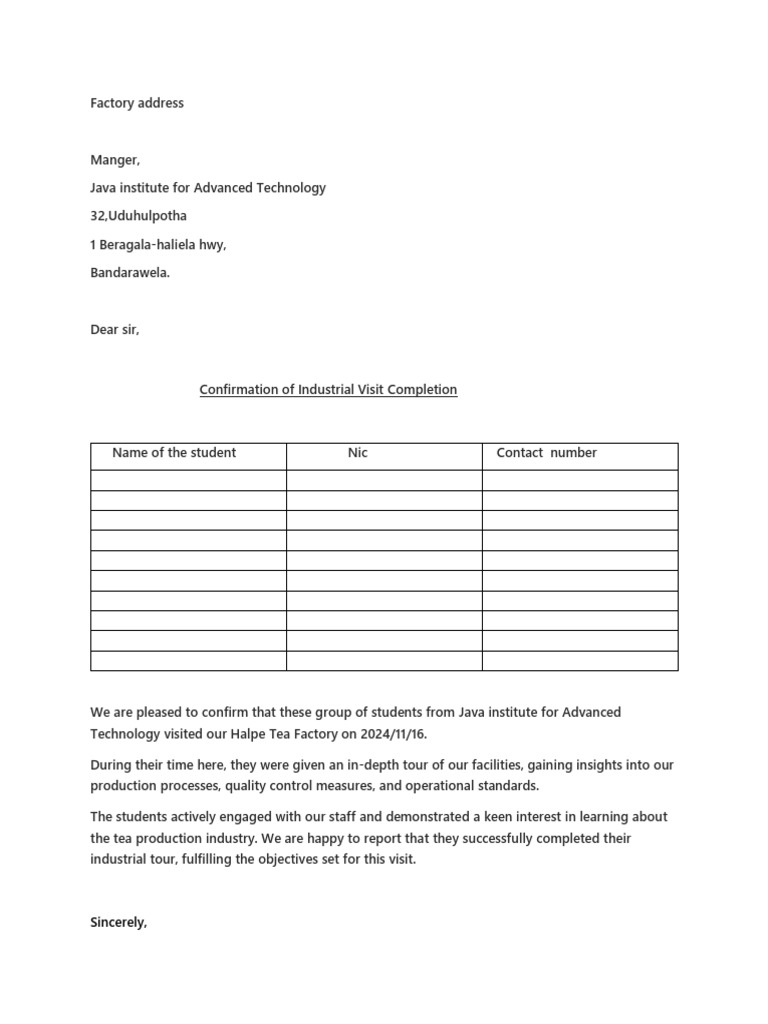 Industrial Visit Confirmation Letter | PDF