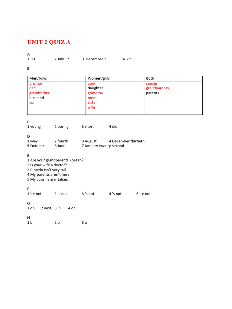 Evolve - L1 - Unit 2 - Quiz - A - AnswerKey | PDF
