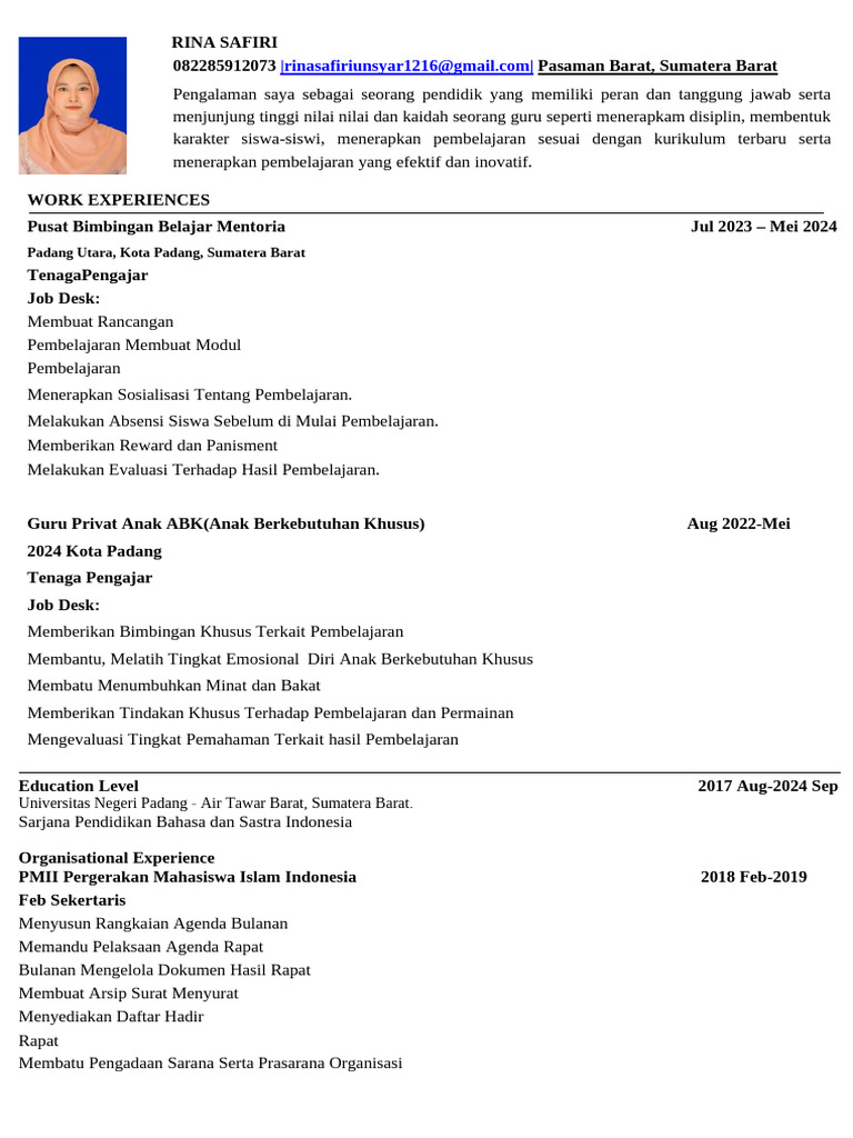 Rina Safitri (Resume CV) | PDF
