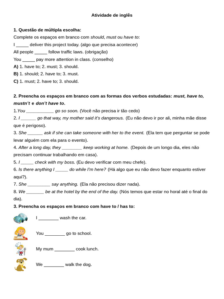 Exercícios sobre Verbos Modais 9º Ano | PDF