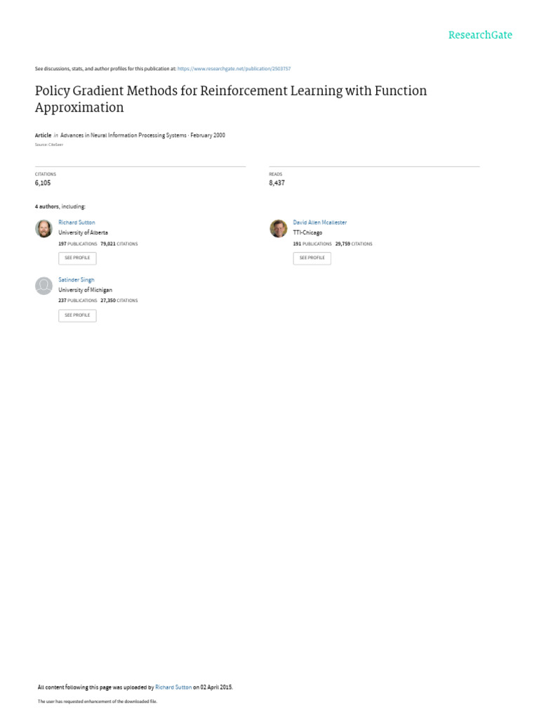 Policy Gradient Methods For Reinforcement Learning | PDF | Applied Mathematics | Statistical Theory