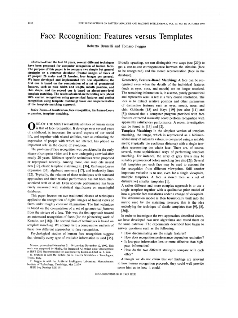 Face Recognition Features Versus Templat | PDF